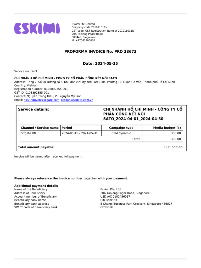 SG Proforma Pro 33673 Chi NH NH H CH Minh C NG Ty C PH N C NG K T N I Sato 2024-05-15 | PDF | Ho ...