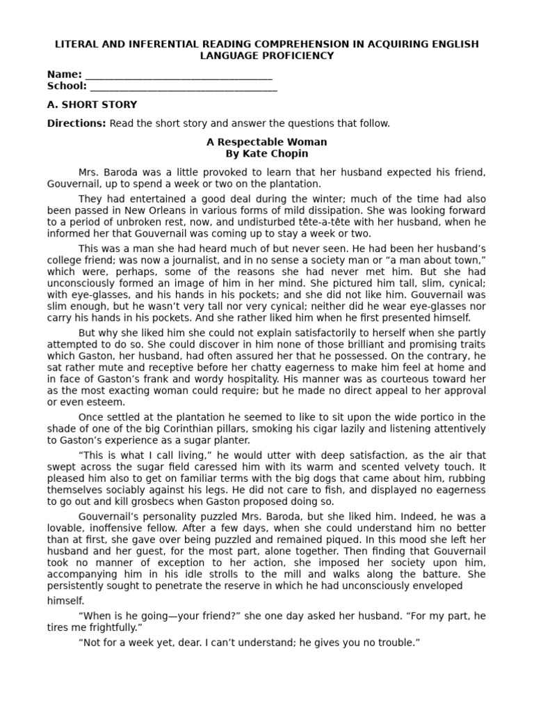 Reading Comprehension: "A Respectable Woman" | PDF