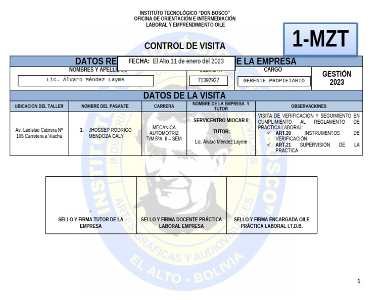 CONTROL DE VISITA A LA EMPRESA 1. | PDF