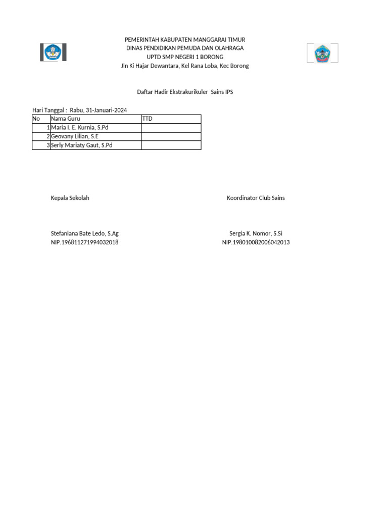 Daftar Hadir Ekstrakurikuler GPLS, Kesenian, Osn | PDF