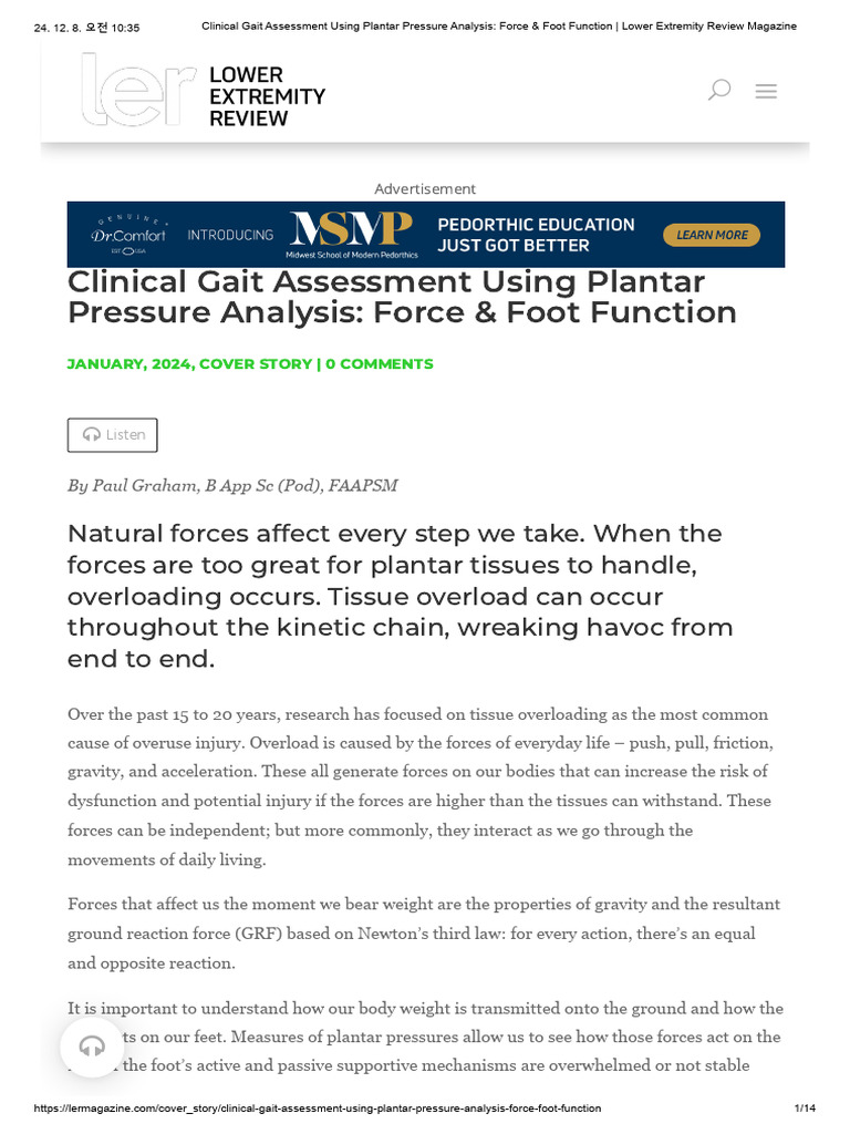Clinical Gait Assessment Using Plantar Pressure Analysis Force And Foot Function Lower