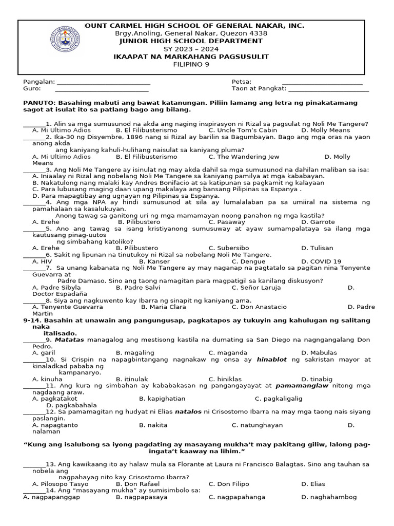 Filipino 9 Q4 Exam | PDF