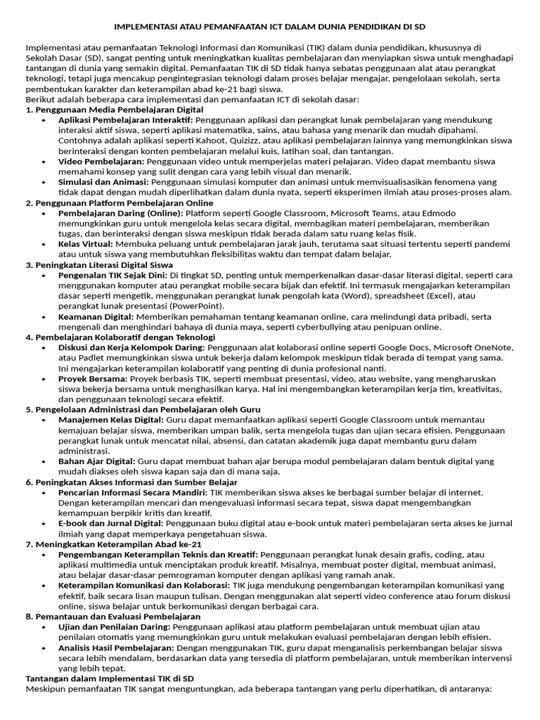 Implementasi Atau Pemanfaatan Ict Dalam Dunia Pendidikan Di SD | PDF