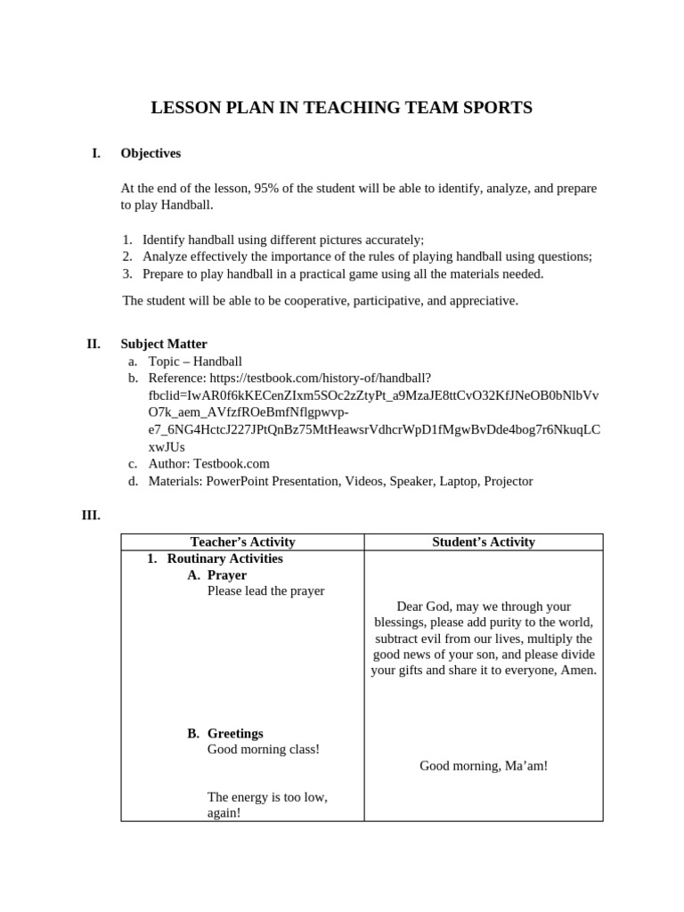 Handball Lesson Plan for Students | PDF | Sports | Ball Games