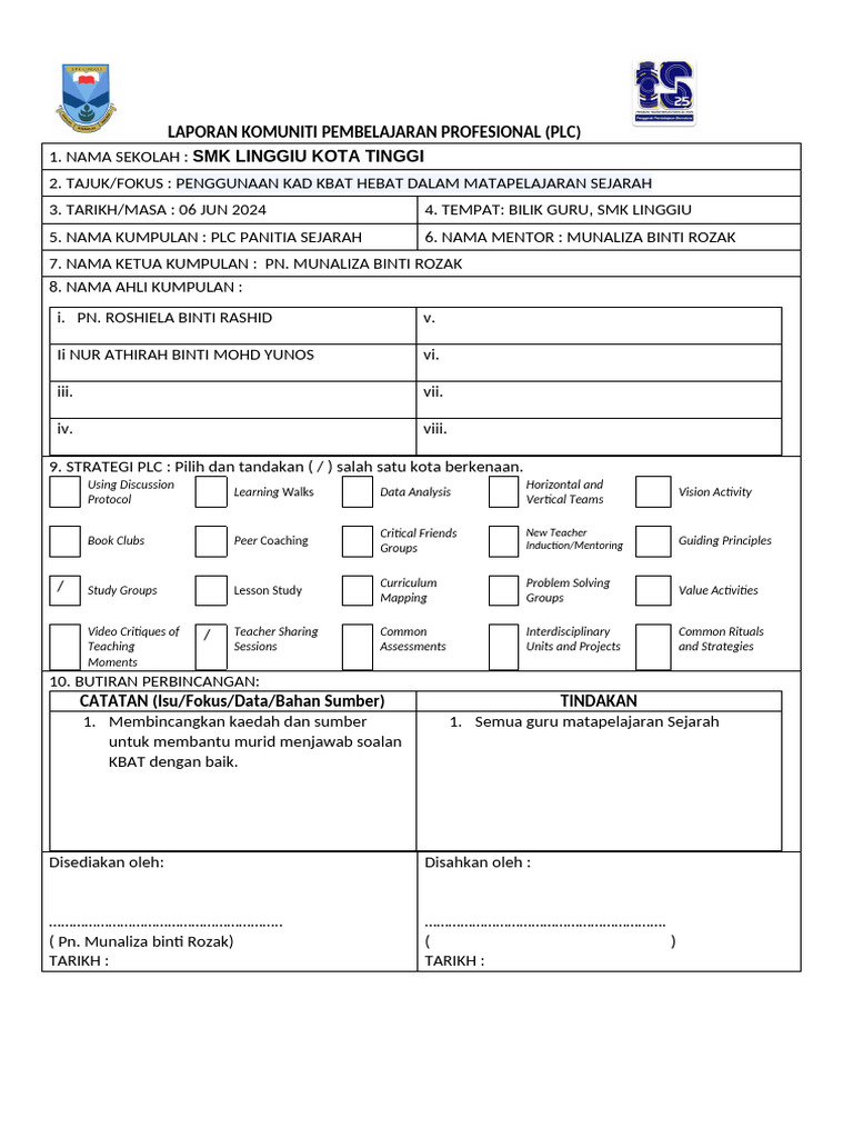 Format Laporan PLC Kad Kbat Hebat | PDF