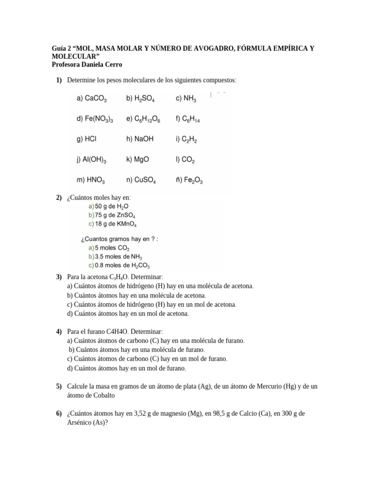 Guía N°2 - MOL, MASA MOLAR Y NÚMERO DE AVOGADRO | PDF | Mole (Unidad ...