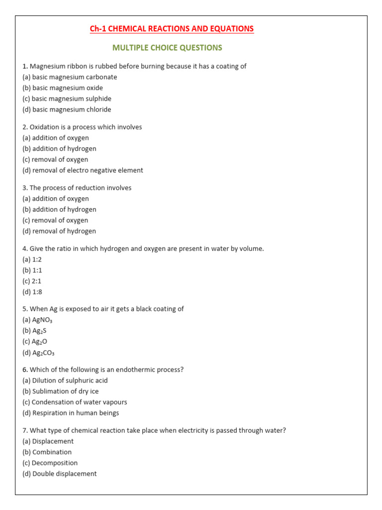 Chemical Reactions and Equations Quiz | PDF | Chemical Reactions | Oxide