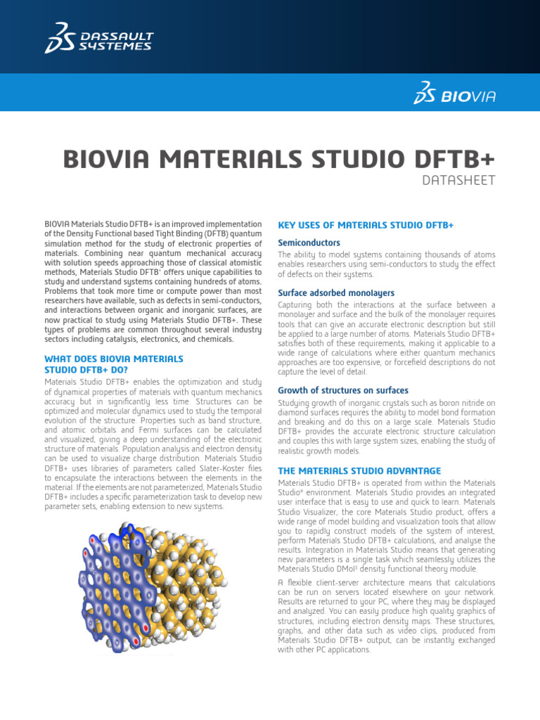 Biovia Material Studio DFTB Datasheet | PDF | Density Functional Theory ...