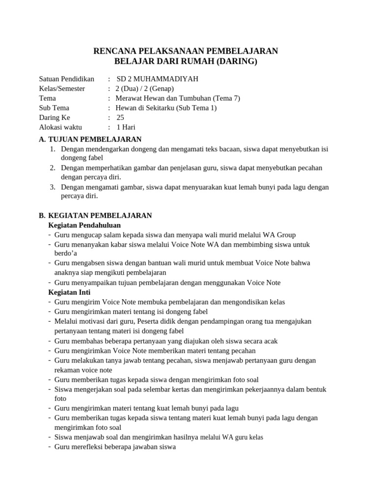 RPP Daring Kelas 2 Tema 7 | PDF