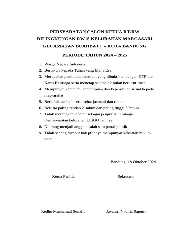 Jadwal Dan Persyaratan Calon Ketua RT | PDF