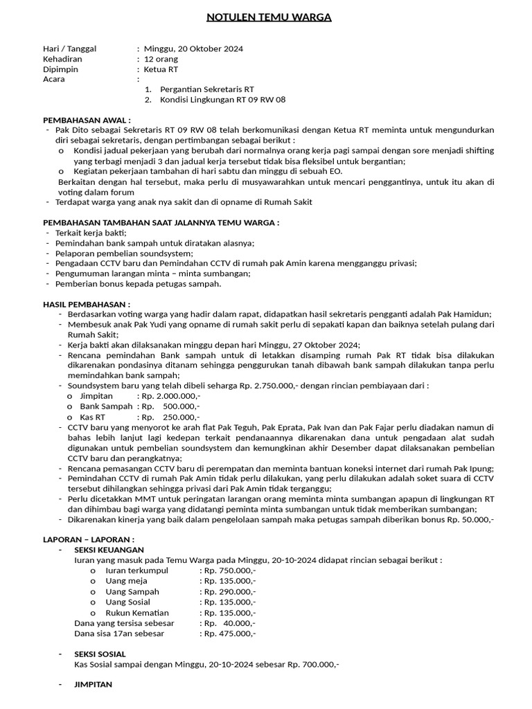 Notulen Temu Warga RT 09 RW 08 Oktober 2024 | PDF