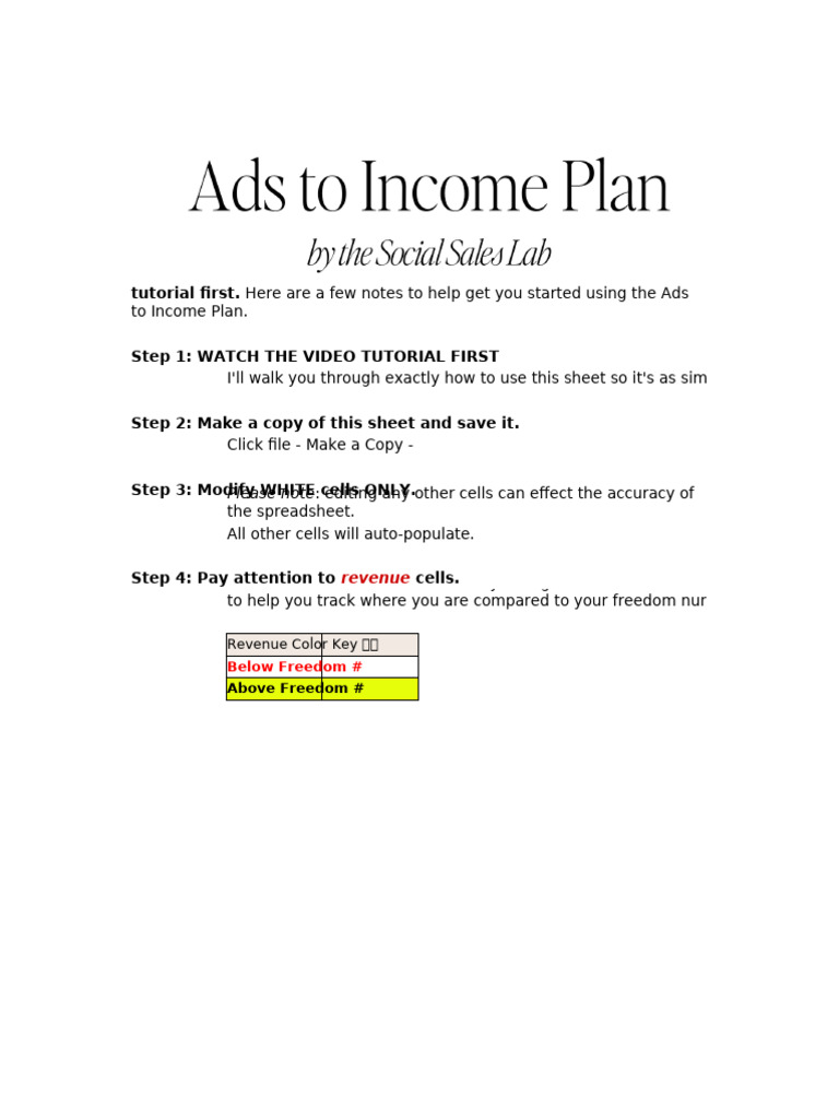Ads to Income Plan Spreadsheet Guide | PDF | Spreadsheet | Economies