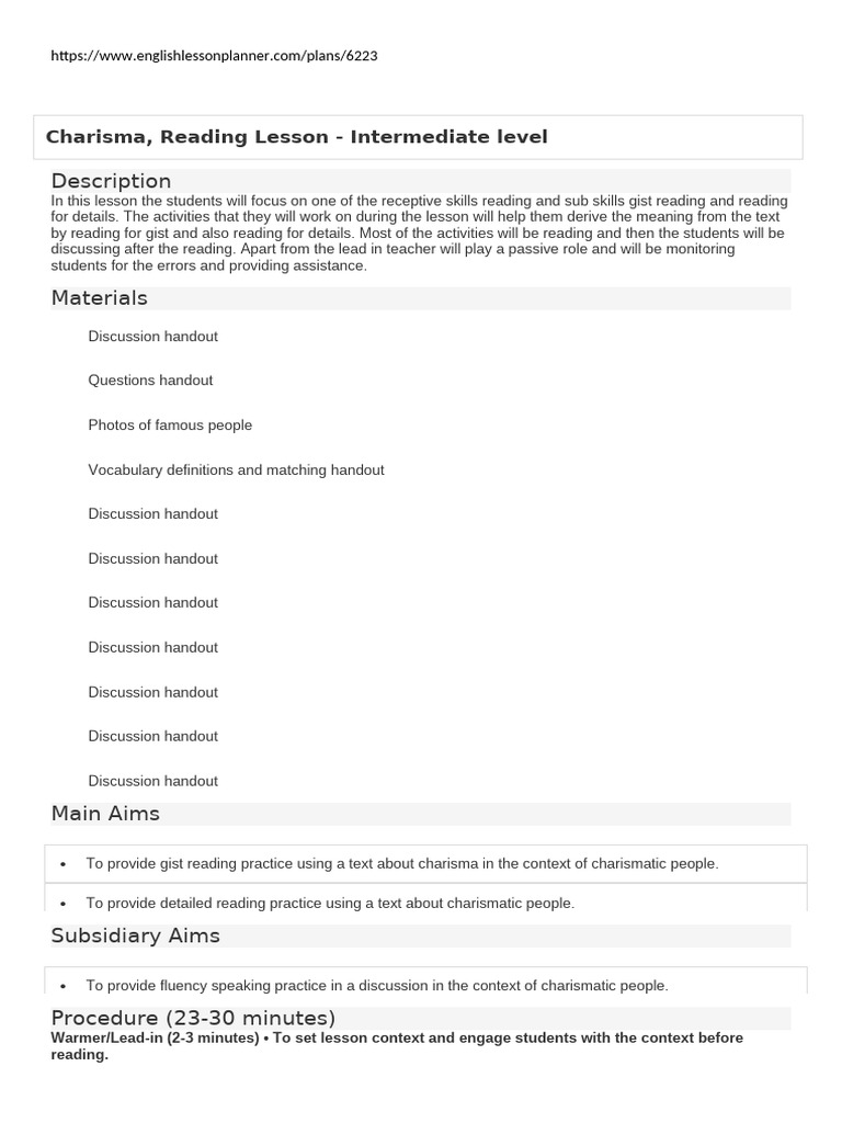 Charisma Reading Lesson Plan | PDF | Question | Vocabulary