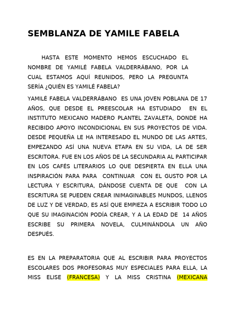 SEMBLANZA DE YAMILE FABELA | PDF