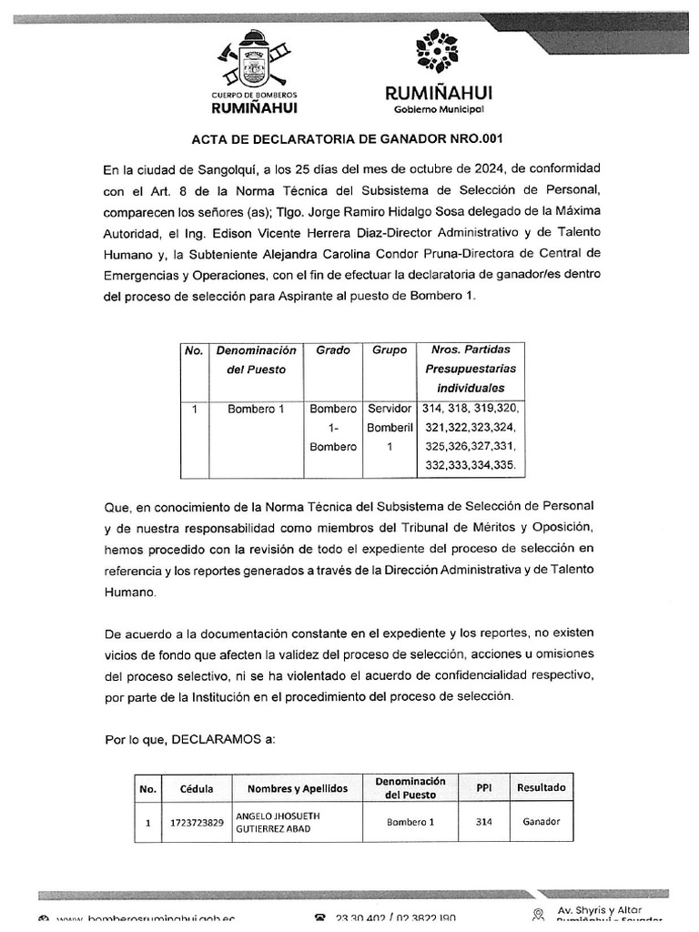 Acta de Declaratoria de Ganadores | PDF