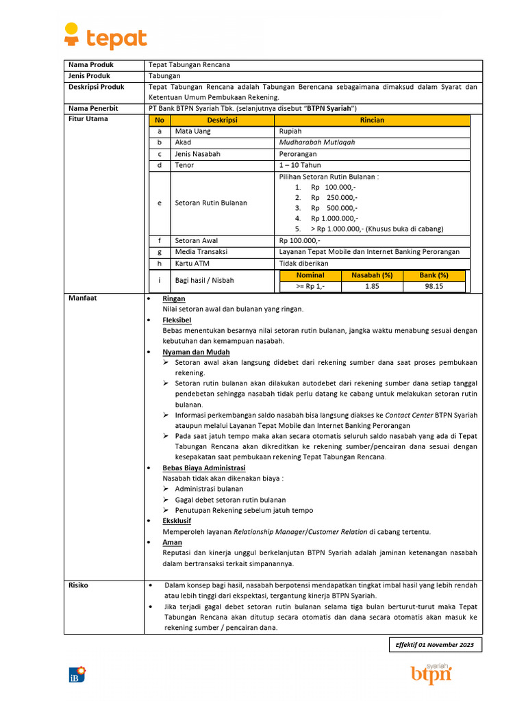 Ringkasan Informasi Produk Tepat Tabungan Rencana Mudharabah 2023 | PDF