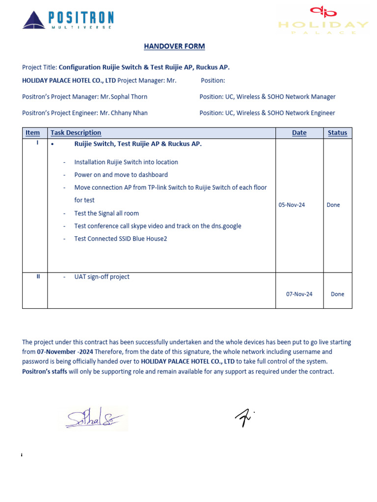Handover Form Sign Off To Holiday Palace | PDF | Computer Networking ...