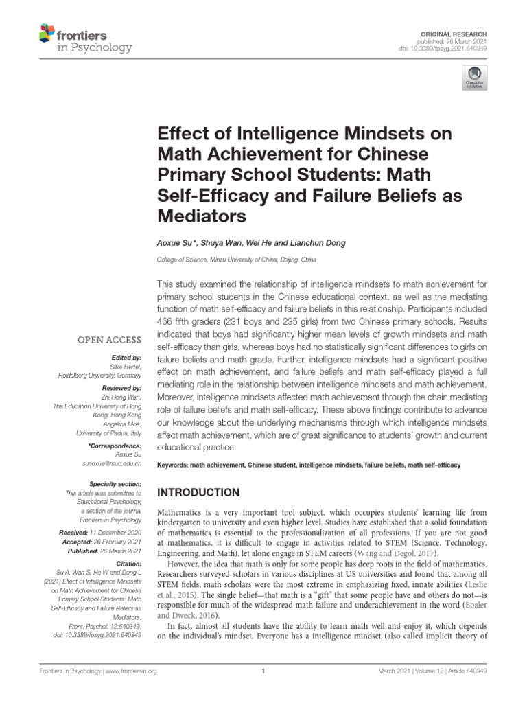 Effect of Intelligence Mindsets On Math Achievement For Chinese Primary School Students - Math ...