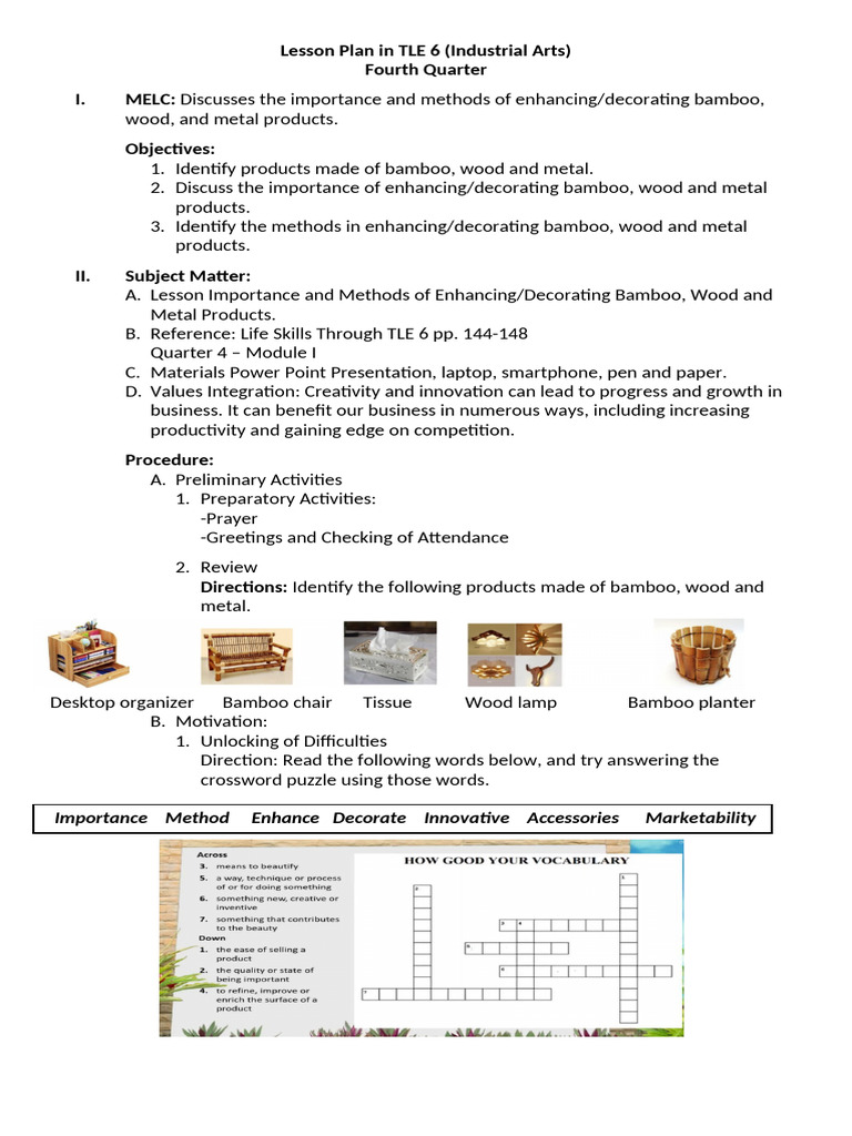 Updated Lesson-Plan-in-TLE-6-COT-Q4-2023 | PDF | Crafts | Decorative Arts