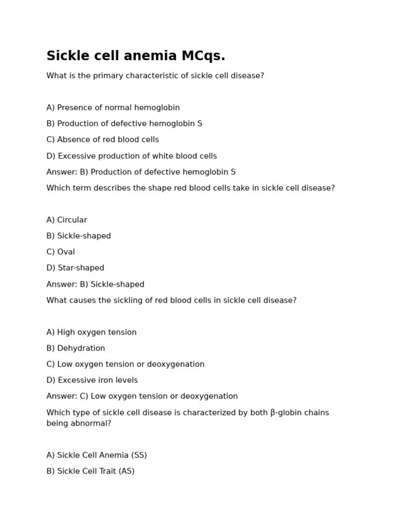 Sickle cell anemia mcqs. | PDF | Anemia | Blood