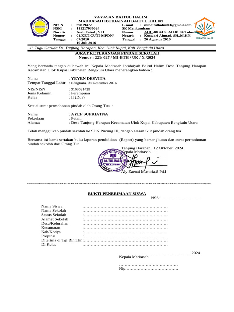 Surat Pindah Yeyen | PDF