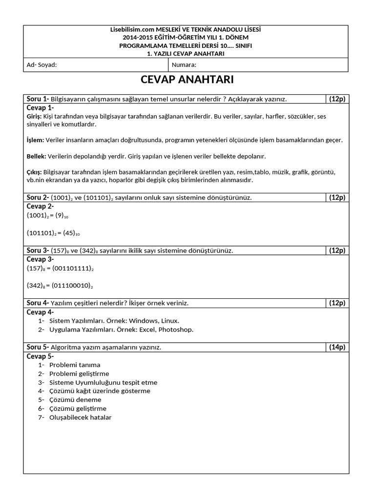 Programlama Temelleri 1.1 Cevap Anahtari | PDF