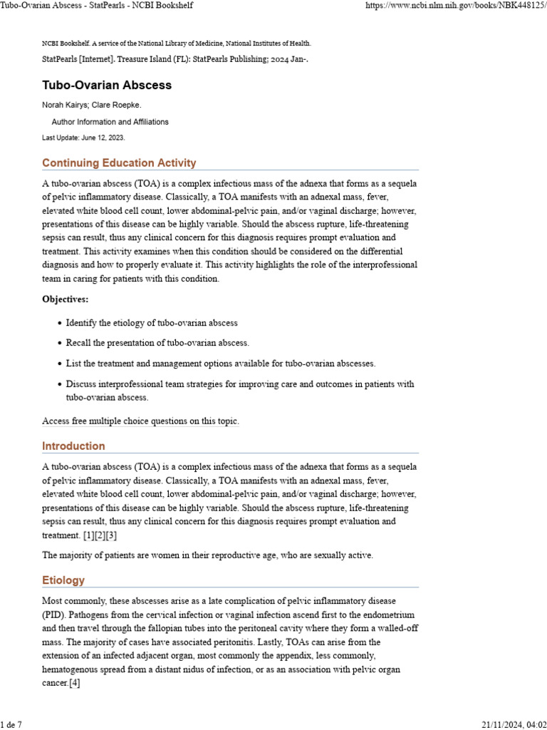 Tubo-Ovarian Abscess - StatPearls - NCBI Bookshelf | PDF | Clinical ...