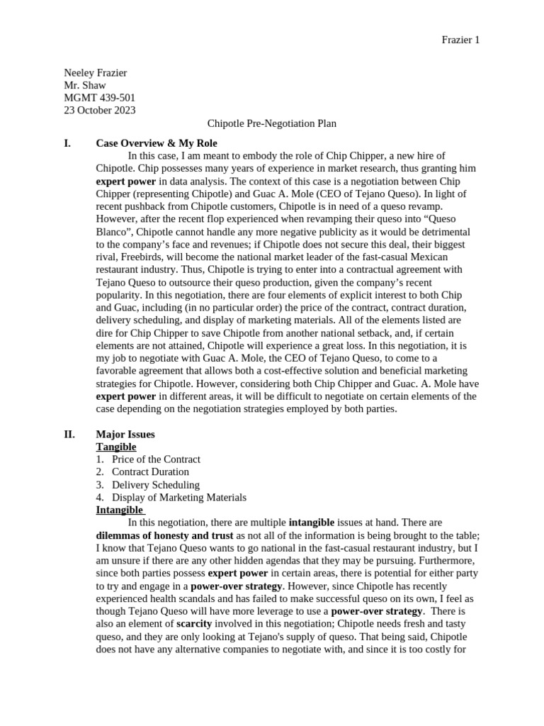 Chipotle Pre-Negotiation Plan | PDF | Negotiation | Social Psychology