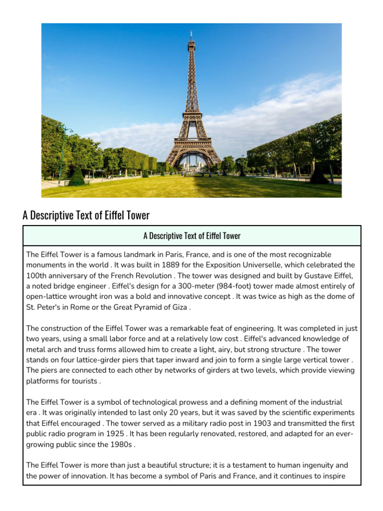 A Descriptive Text of Eiffel Tower - by Diffit (Printable) | PDF