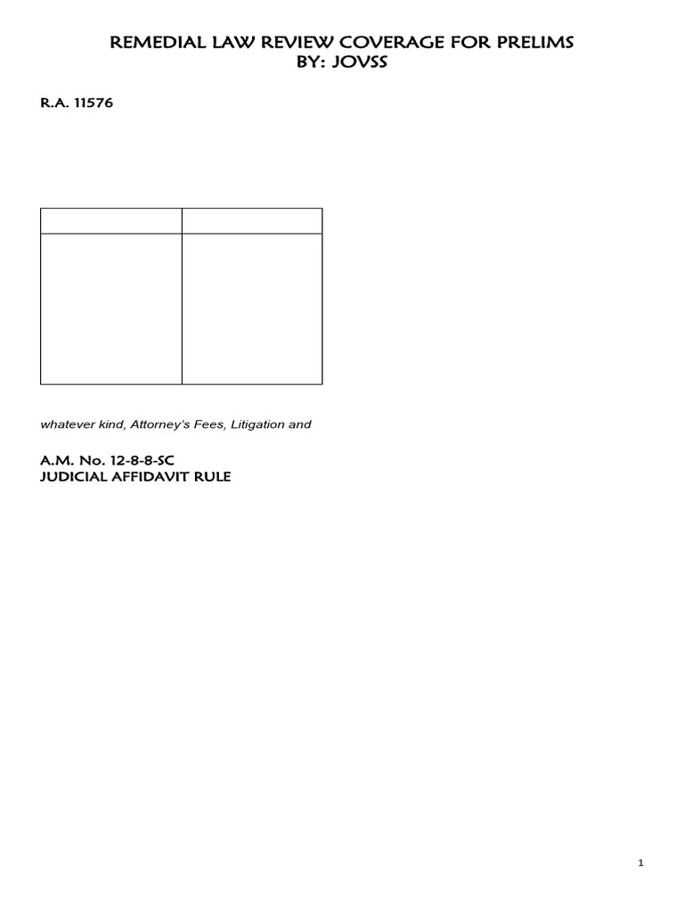 Remedial Law Prelims Review Guide | PDF | Affidavit | Summary Judgment