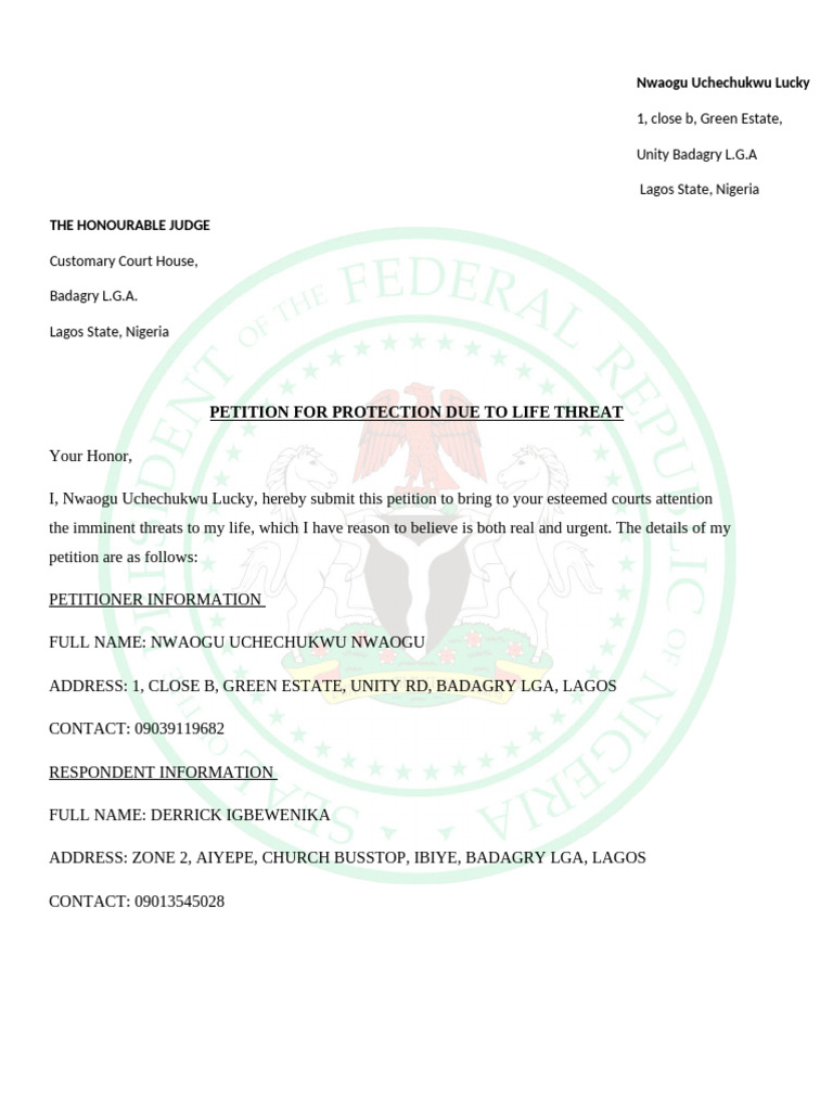 Petition for Life Threat Protection | PDF | Criminal Justice | Crime ...
