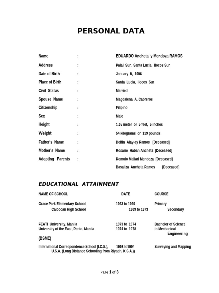 Ed Ramos' Personal Data | PDF