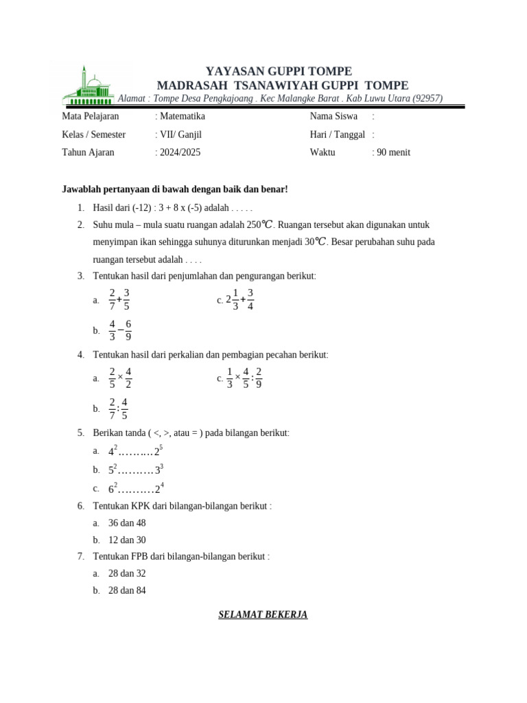 Soal MTK Kelas Vii Semester I | PDF
