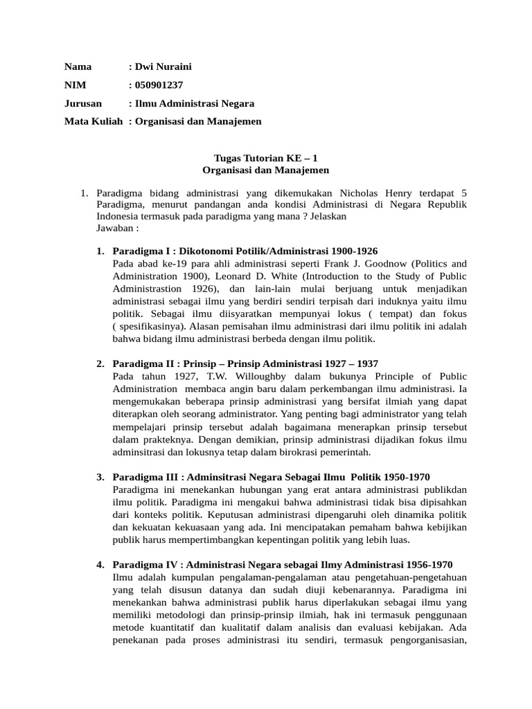 Tugas Tuton 1 Organisasi Dan Manajemen | PDF