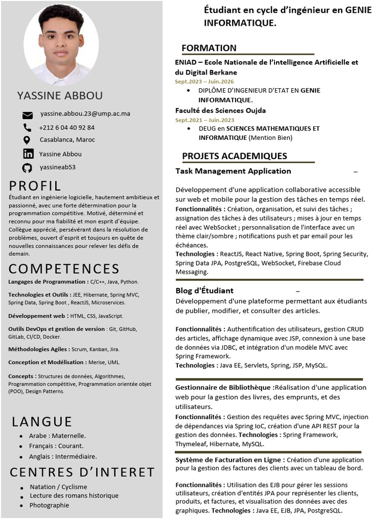 CV de Yassine Abbou en Ingénierie Logicielle | PDF | Internet ...