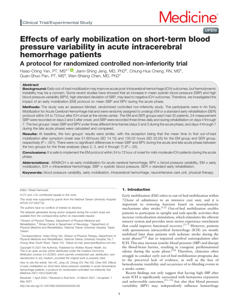 Effects of Early Mobilization On Short-Term Blood Pressure Variability in Acute Intracerebral ...