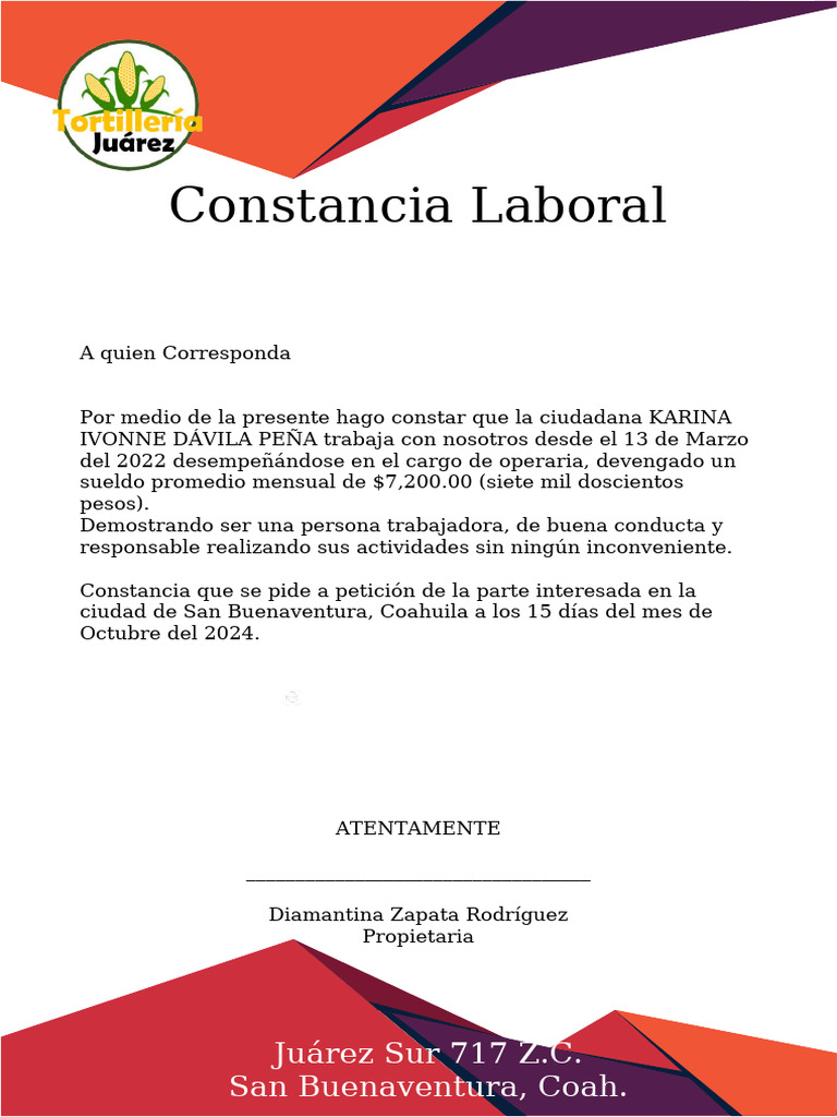 Constancia Laboral de Karina Dávila | PDF