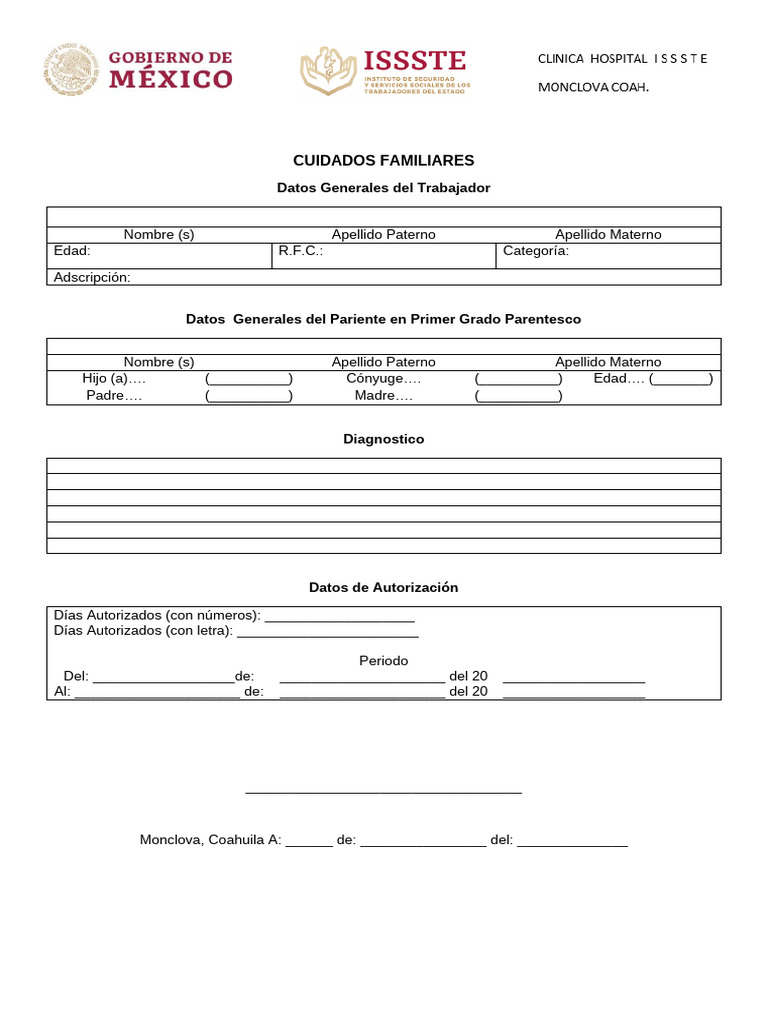 Formato De Cuidados Familiares Issste Pdf