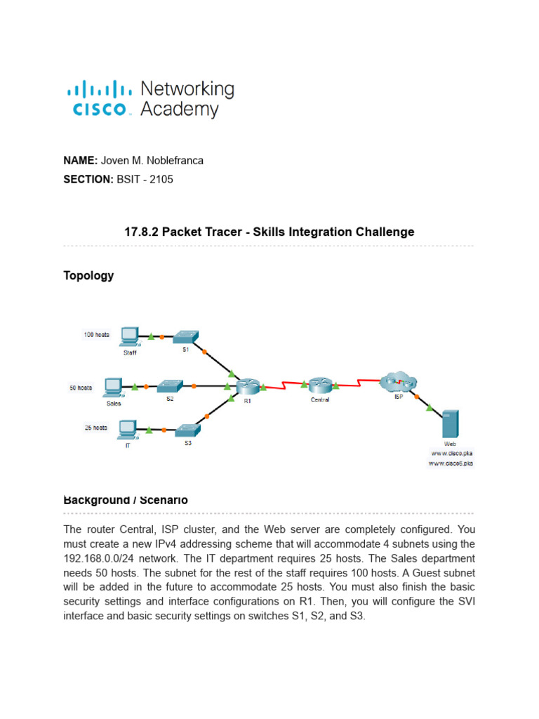 17.8.2 Packet Tracer - Skills Integration Challenge | PDF