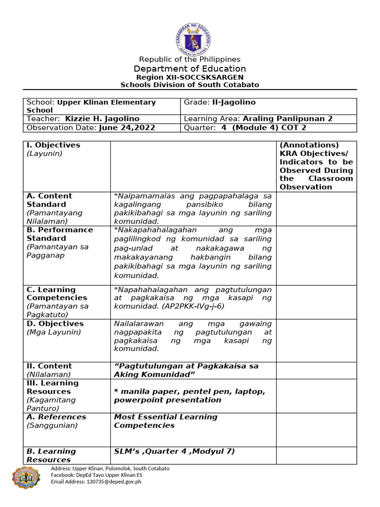 Lesson Plan Cot 2 2022 | PDF
