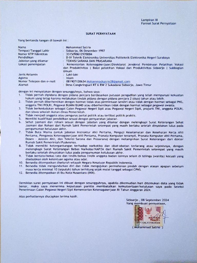 Surat Pernyataan Ditempatkan Di Ikn | PDF