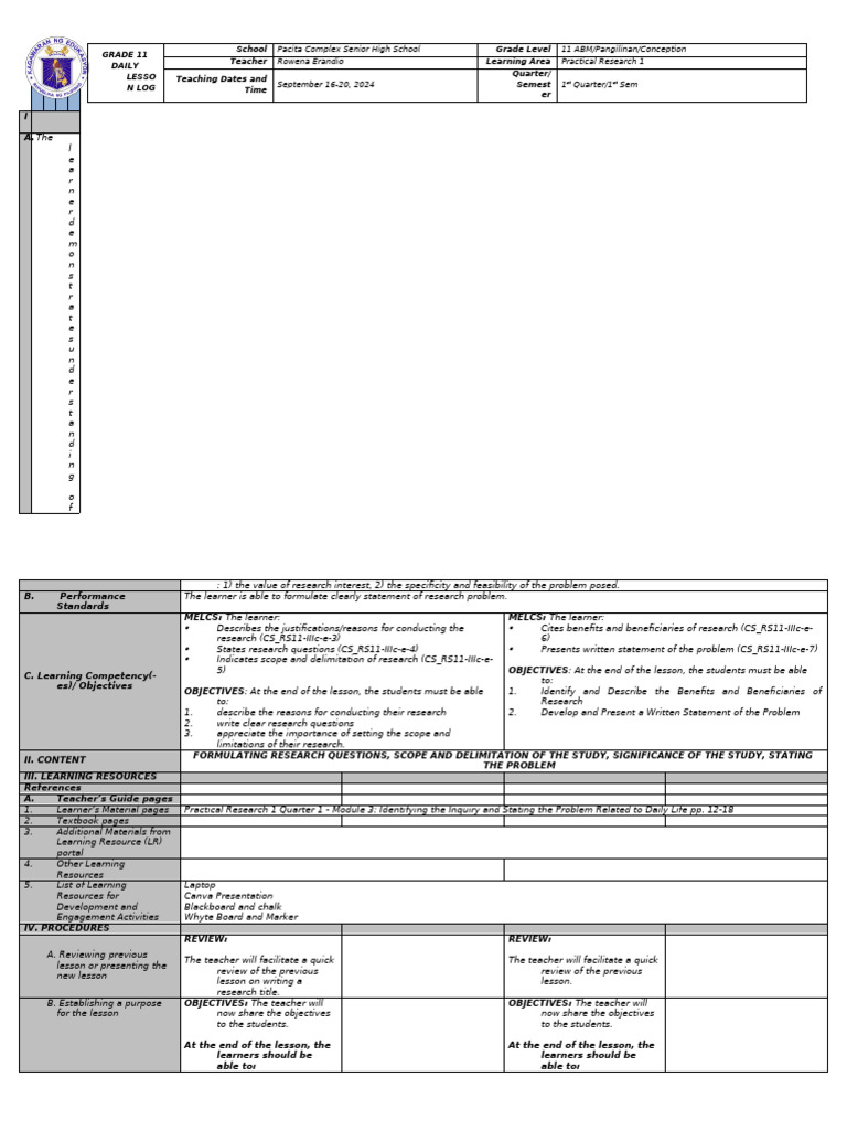 Grade 11 Practical Research Lesson Plan | PDF | Learning | Teachers