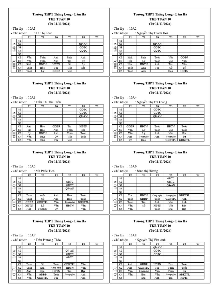TKB TUẦN 10 HỌC SINH | PDF
