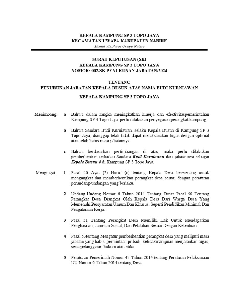 Kepala Kampung SP 3 Topo Jaya SK Penurunan SK Penurutan Kep Dusun 4 | PDF