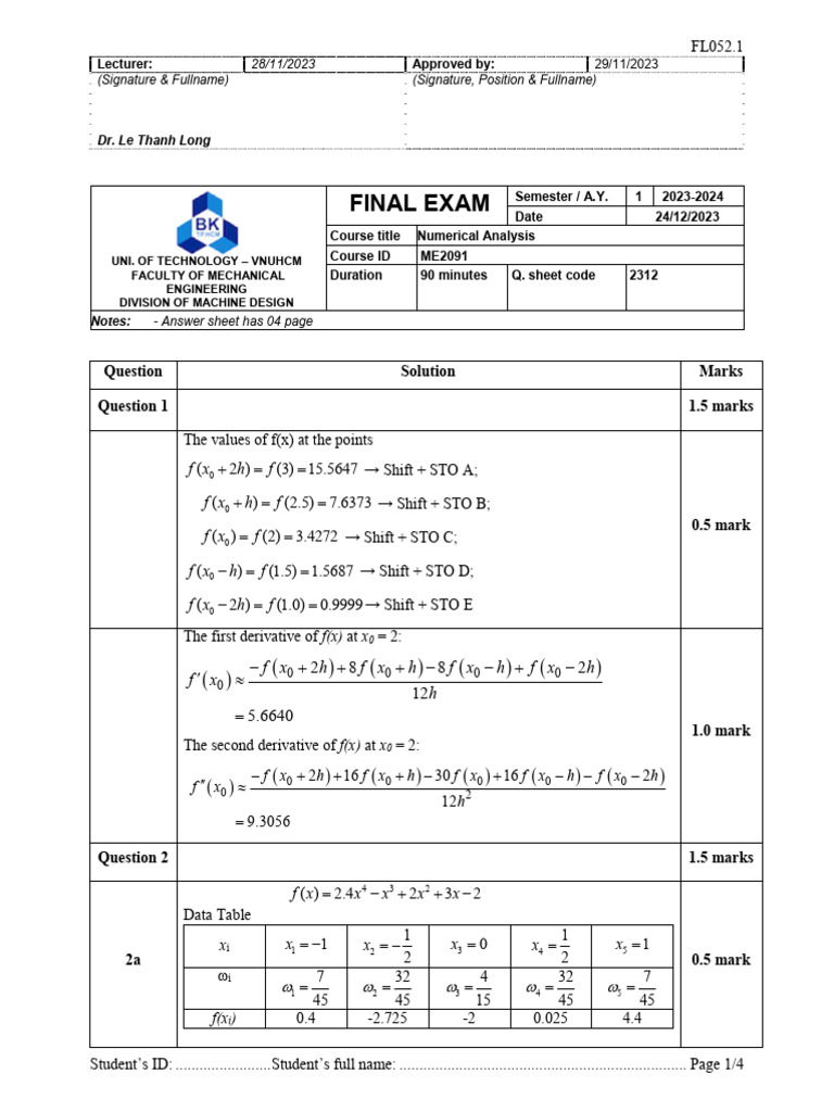 Numerical Analysis Solution - Semester 231 - 2312 | PDF | Matrix ...