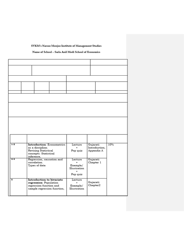 Course Outline Econometrics I 2022 23 Pdf Regression Analysis