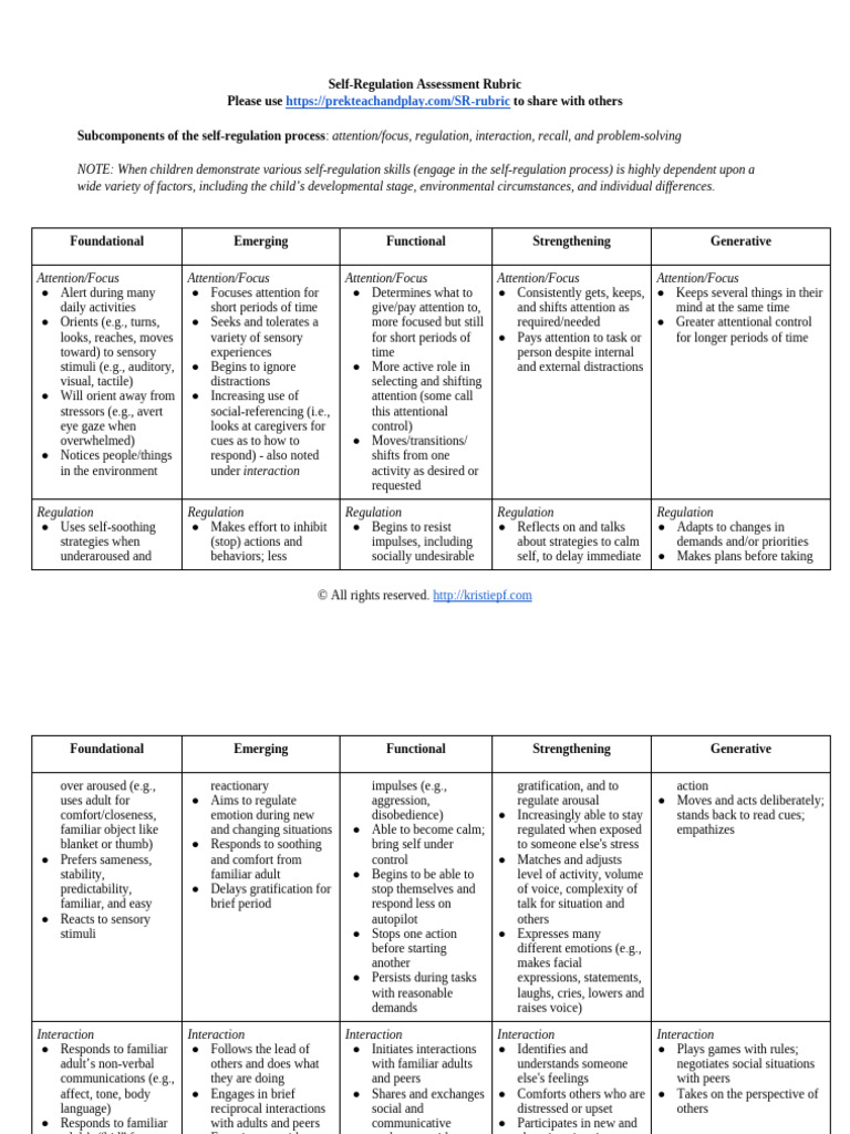 Self-Regulation Skills Assessment Rubric | PDF | Emotional Self ...