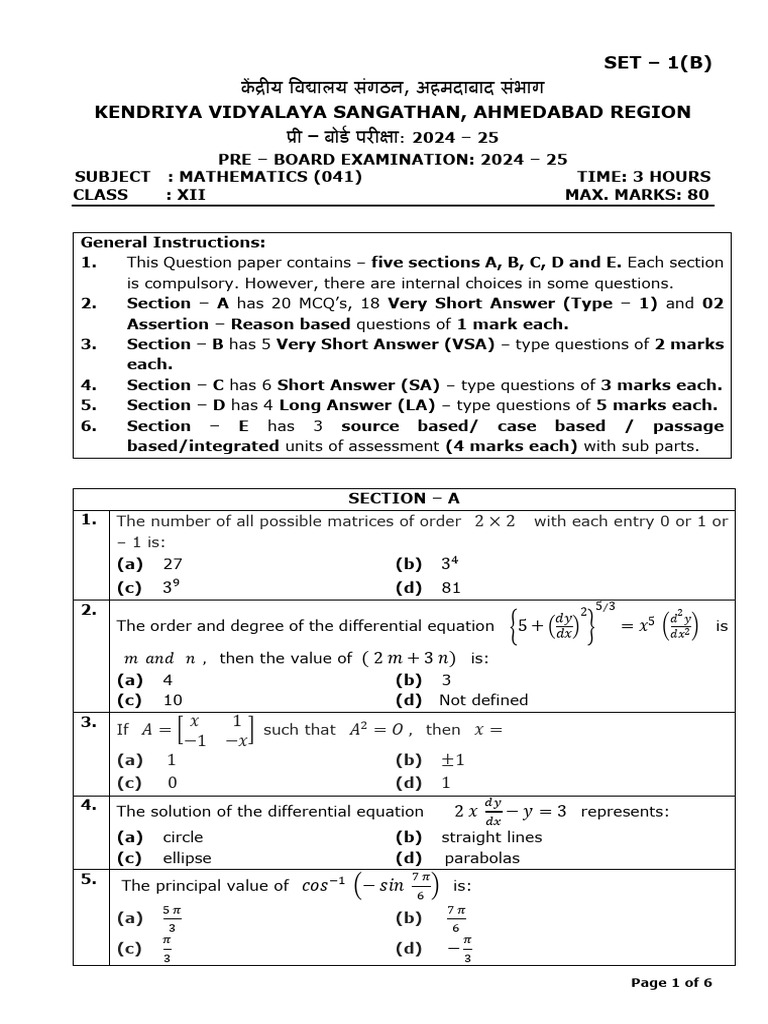 Xii Maths Pre Board-1 KVS, Ahemdabad (Set-B) 2024-25 | PDF | Pi | Equations