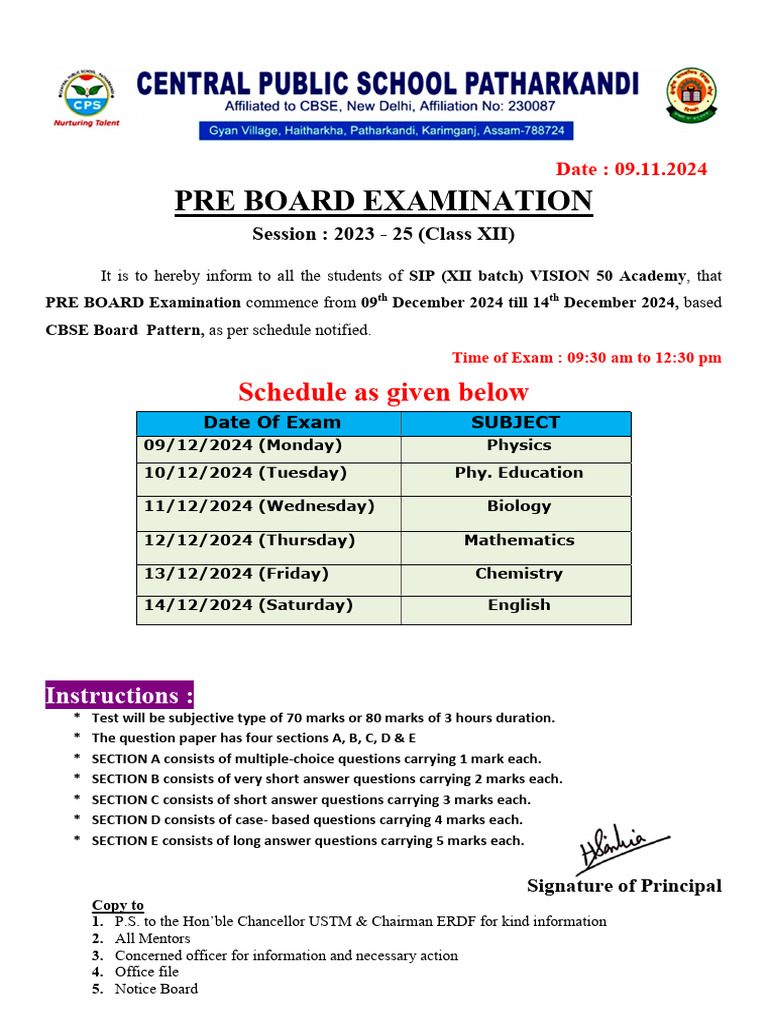 Notice For Pre Board Examamination For Class XII (09.11.24) - 1 | PDF