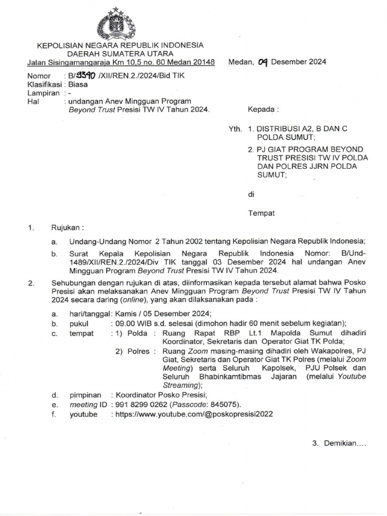 Undangan Anev Mingguan Program Beyond Trust Presisi TW Iv Tahun 2024 (05122024) | PDF